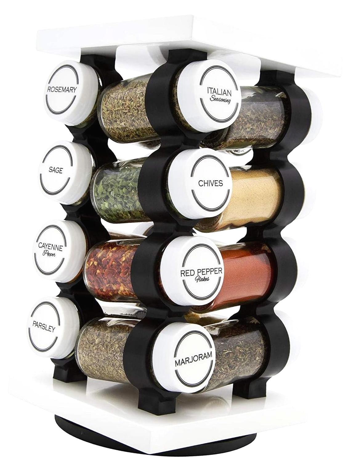 HYKE Spice Rack 16 Jar Set White Filled with Spices - Rotating Standing ...