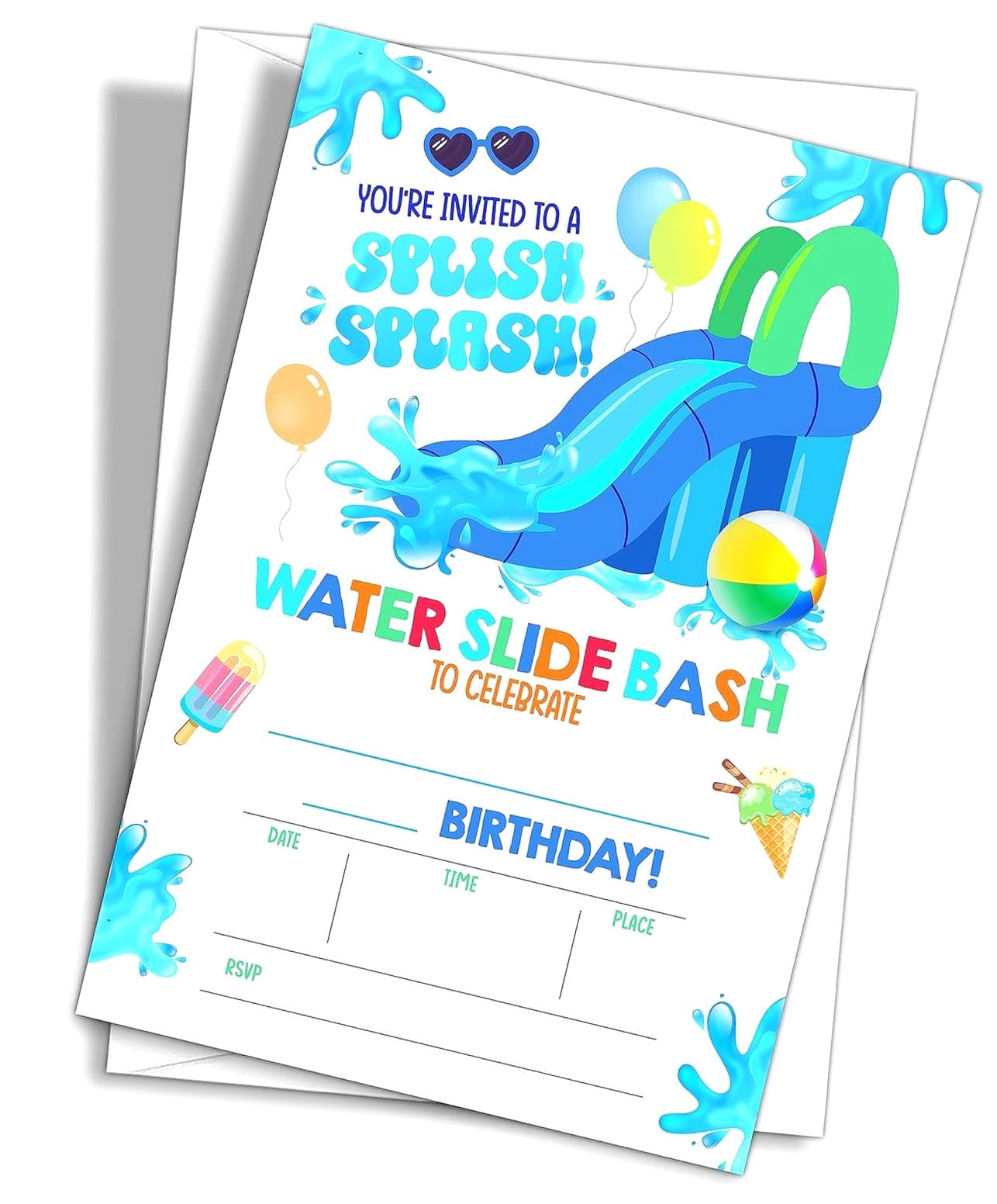 HYKE Summer Pool Birthday Invitations, 4"x 6" Summer Water Slide Bash ...