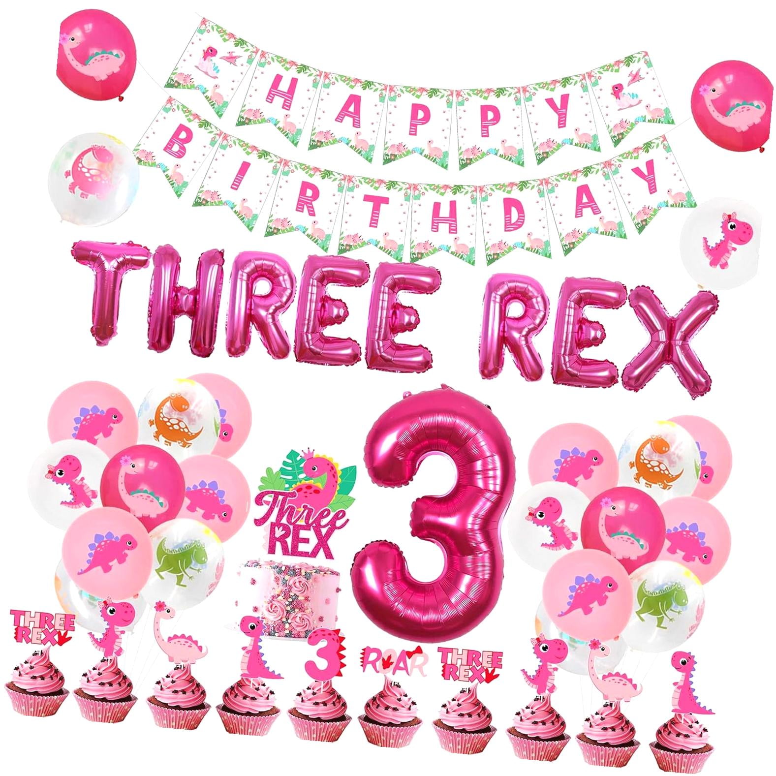 HYKE Three Rex Party Decorations for Girl, 3rd Birthday - Cake Topper ...