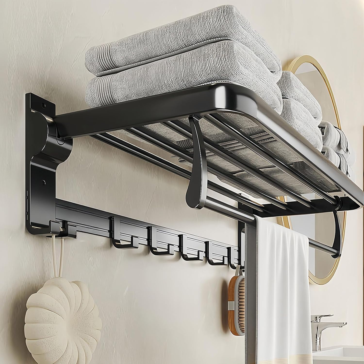 HYKE Towel Rack with Towel Bar for Bathroom Lavatory 24-Inch, Foldable ...