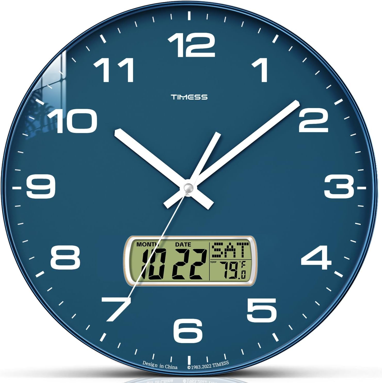 HYKE Wall Clock, 12" Non-Tic Silent Battery Operated Analog with LCD ...