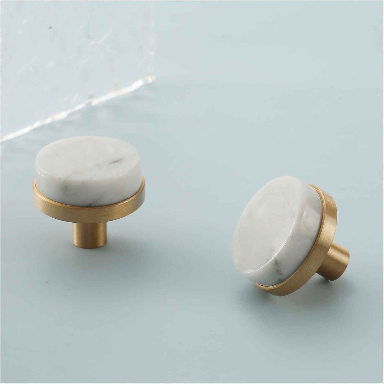 HYKE White Cabinet Knobs - 2 Pack Decorative Stone Drawer Pulls with Solid Brass Base - Modern ...
