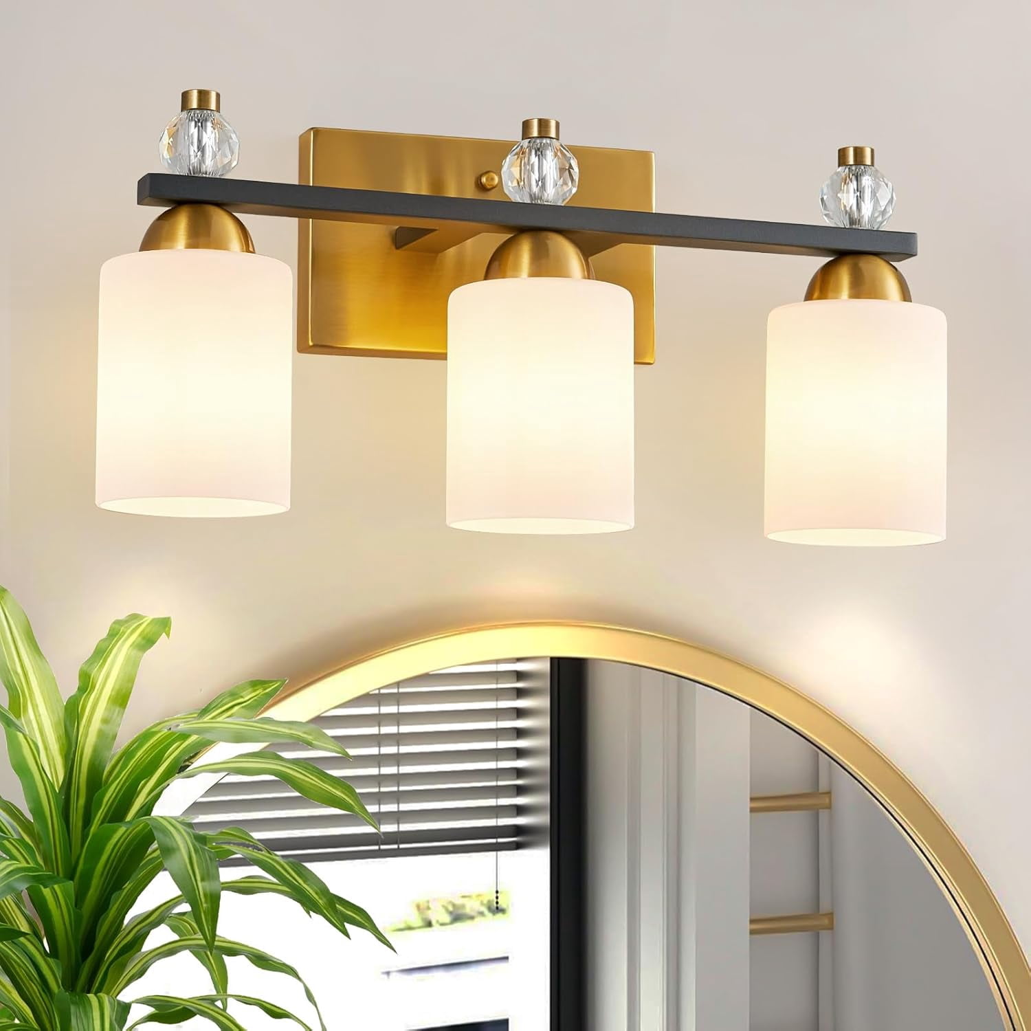 HYKE White Glass Bathroom Vanity Light xtures 3 Light Mid Century Black ...