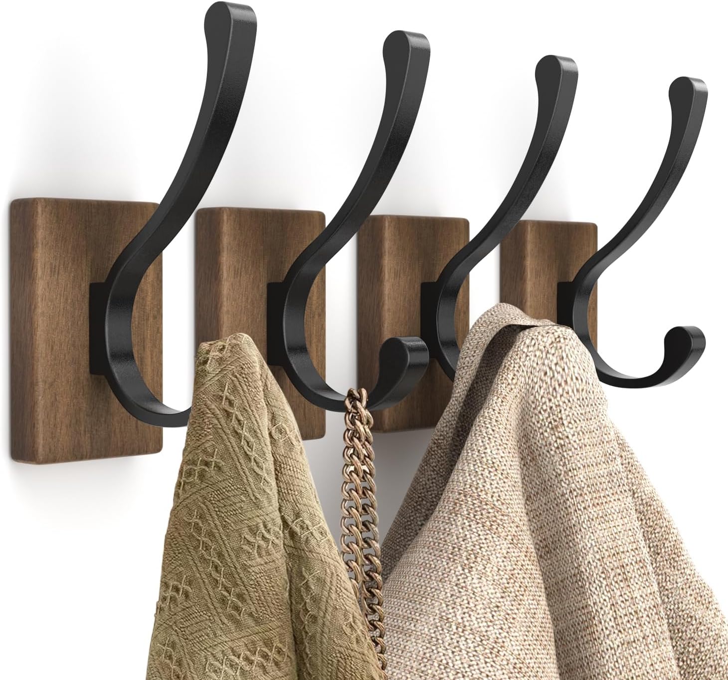 HYKE Wood Wall Hooks for Hanging - 4 Pack Hooks Wall Mounted, Wooden ...