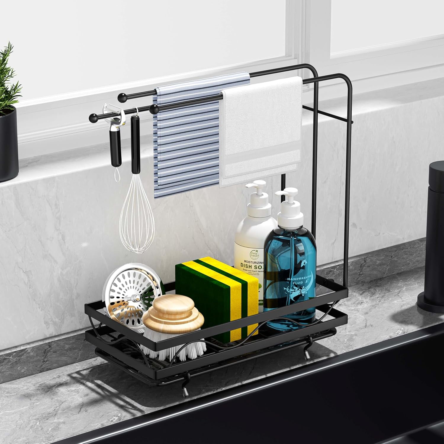 HYKE en Sink Caddy Large,Counte Sink Sponge Holder with Towel Holder ...