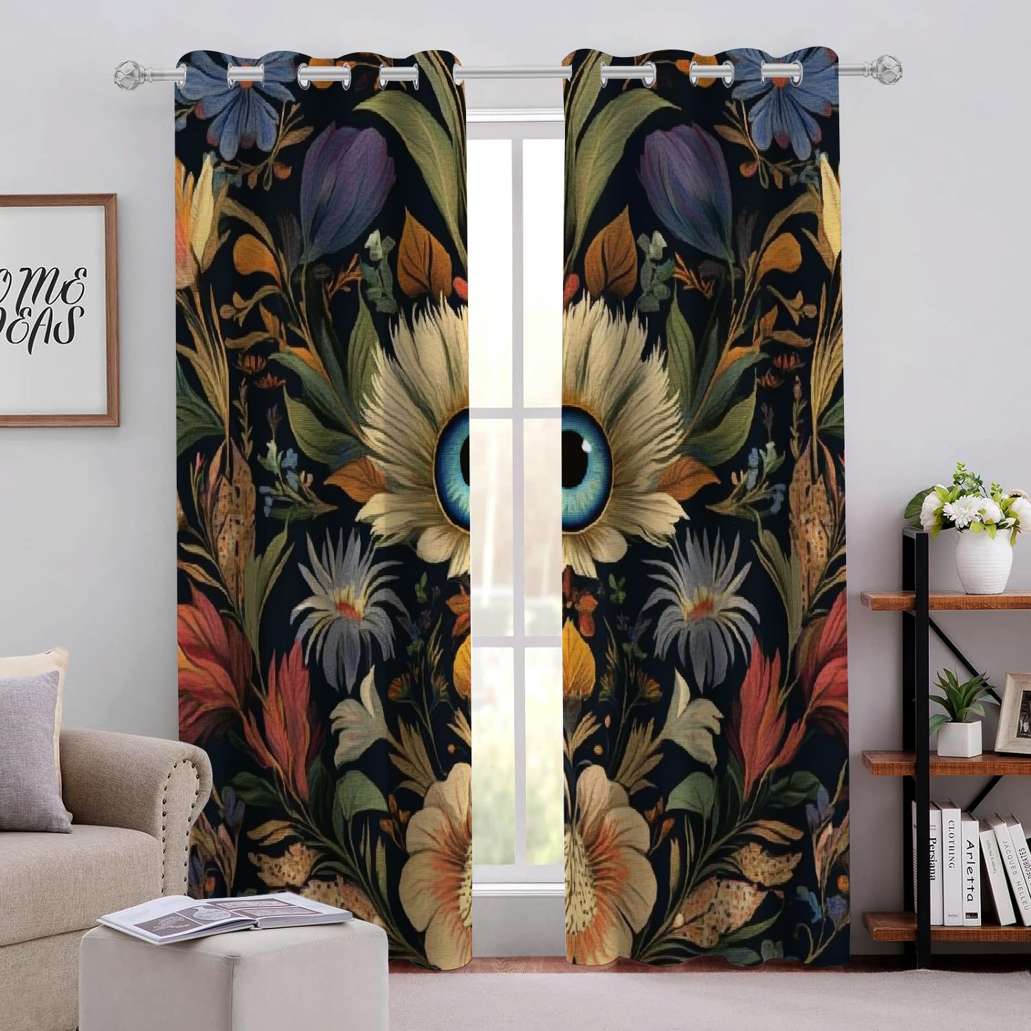HYKY Floral Pattern Blue Eye Perforated Blackout Curtains 2-Pack ...