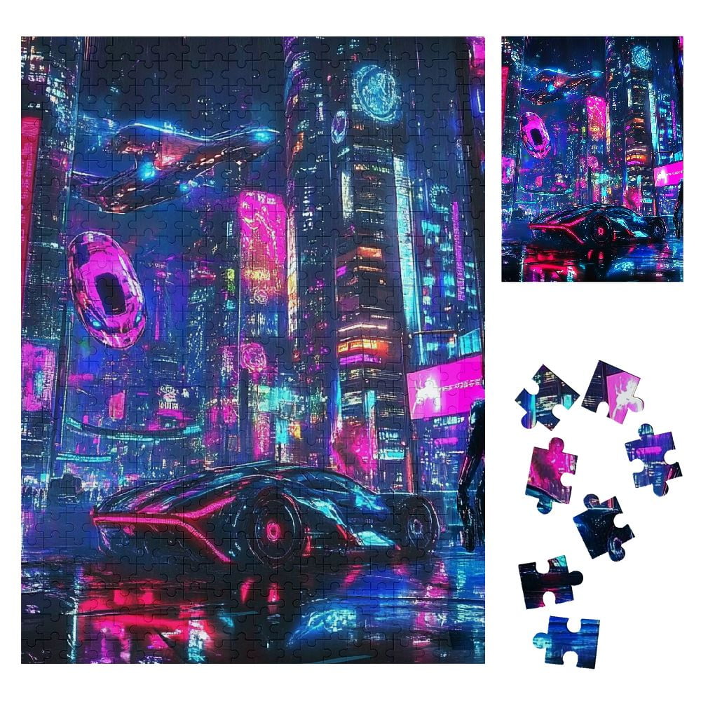 HYKY Neon Lights Futuristic City Cyberpunk Art Wooden Jigsaw Puzzle ...