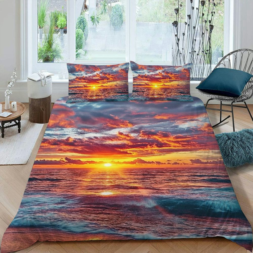 HYKY Sunset Ocean Beach 3-Piece Bedding Set Easy to Clean & Care Peach ...