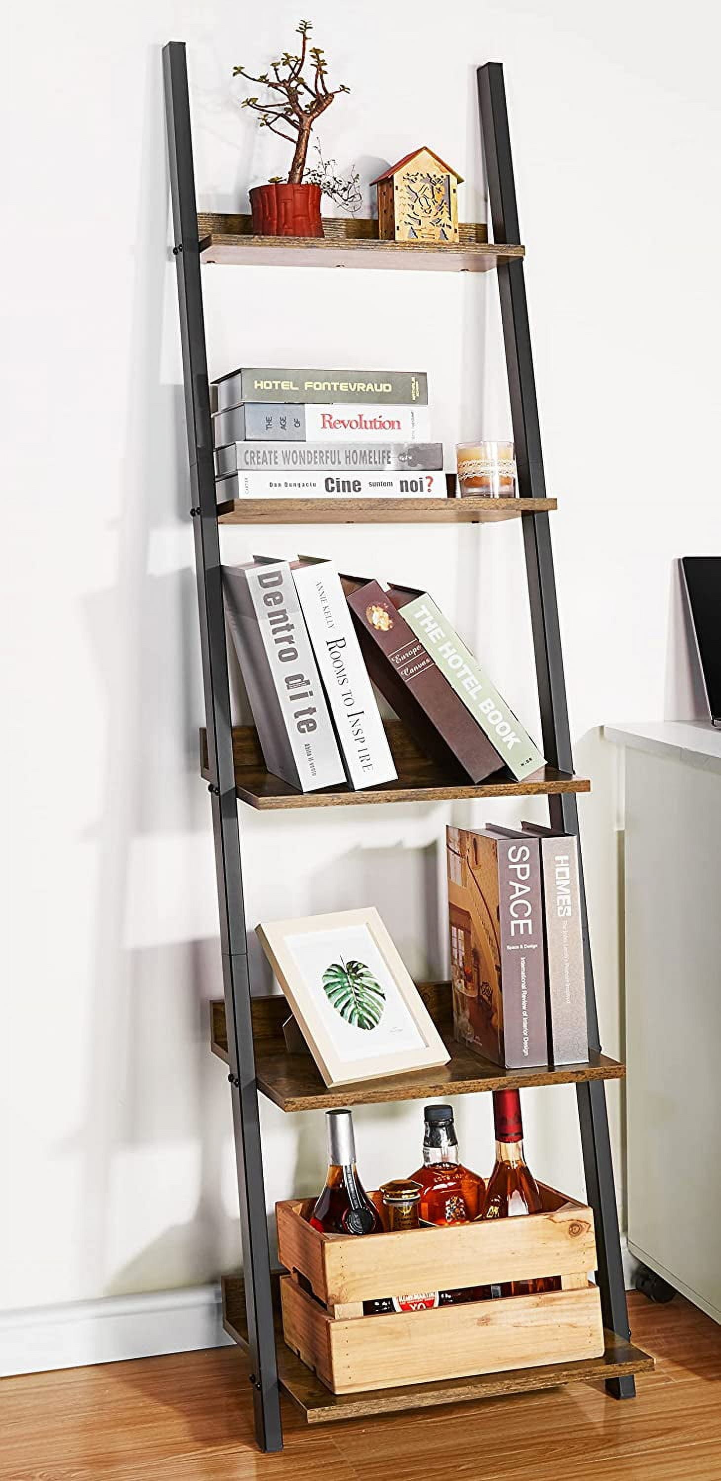 HYNAWIN 5 Tier Ladder Shelf-Wood & Metal Bookcase,Wall Mount Bookshelf ...