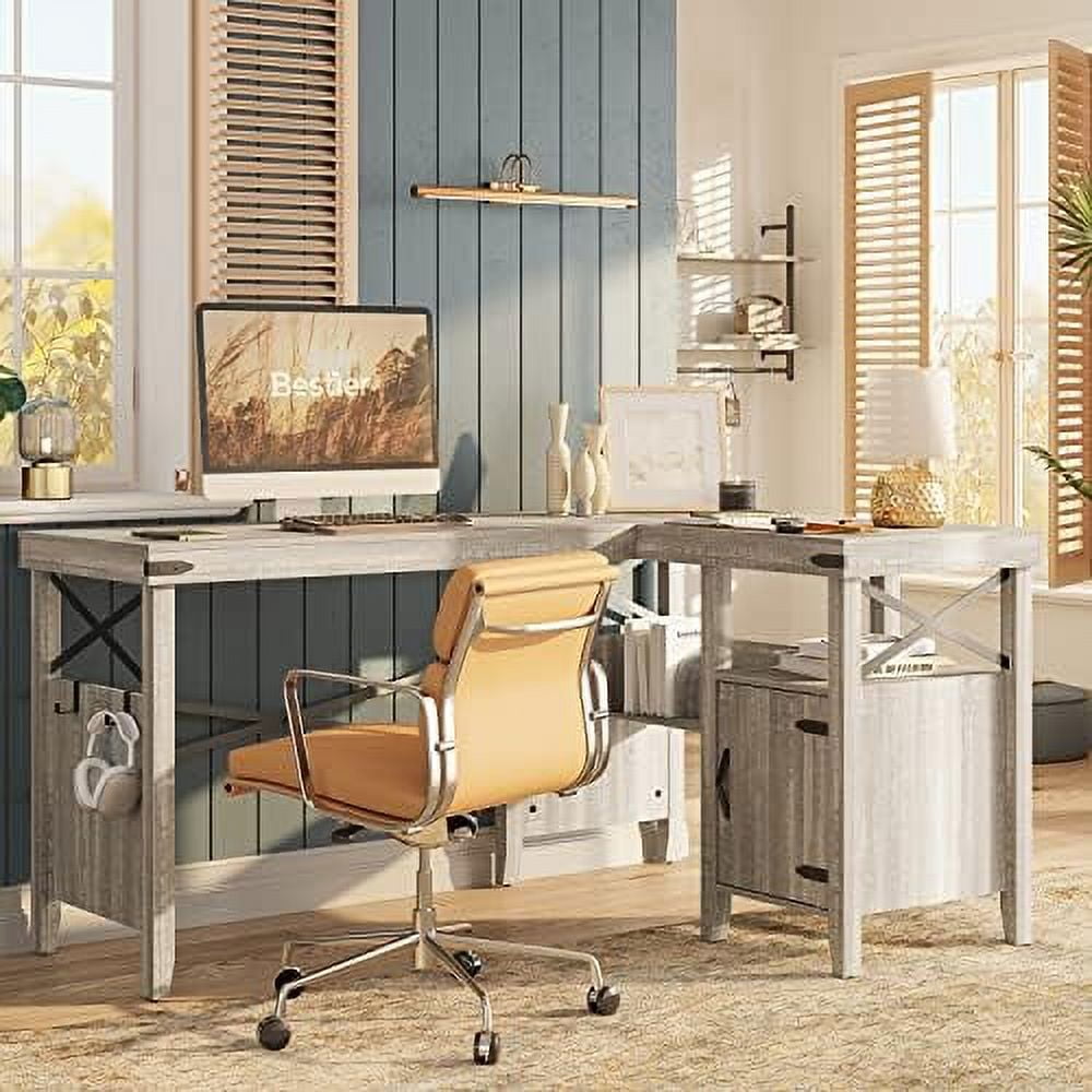HYOHPOE L-Shaped Home Office Computer Desk with Cabinet & Bookshelf ...