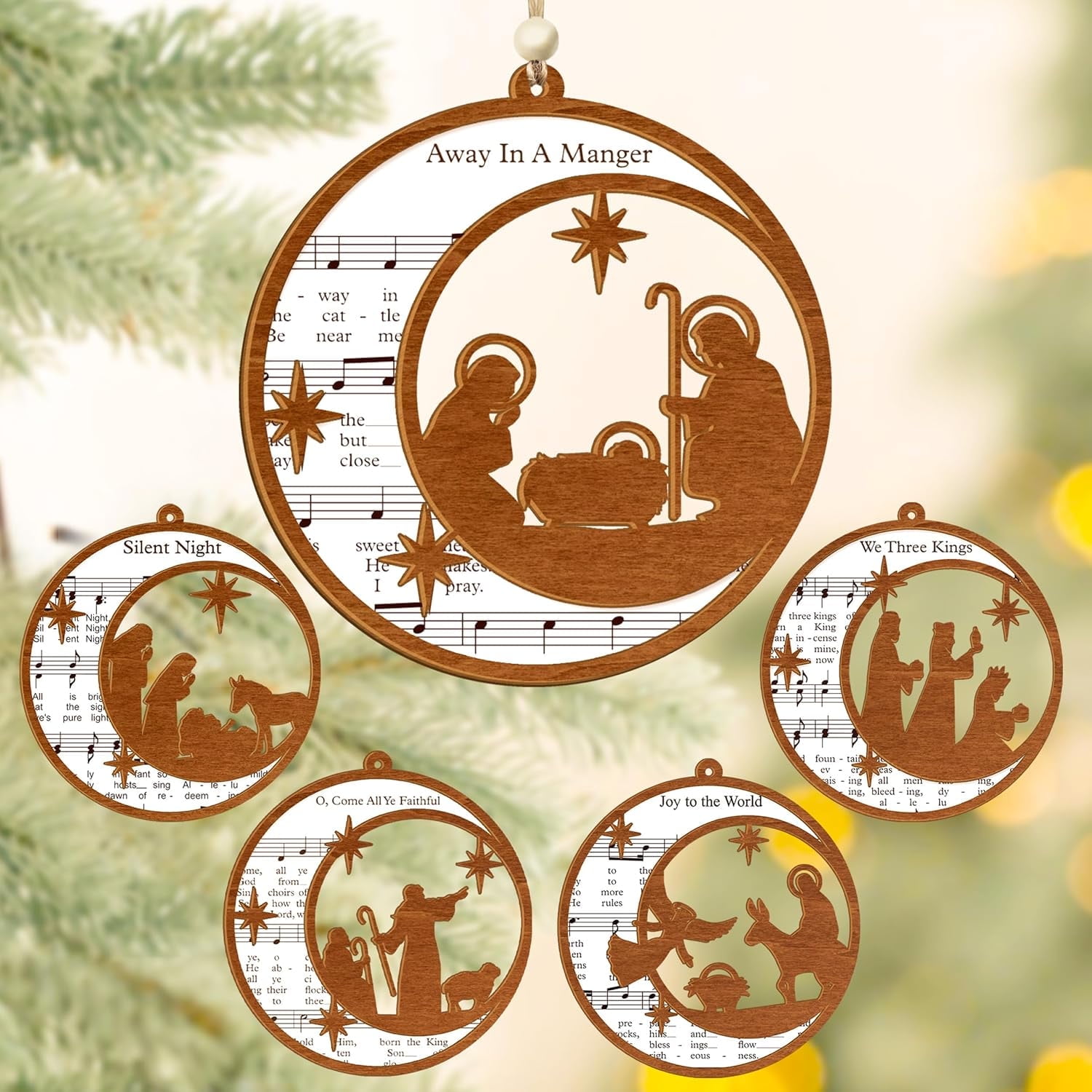 HYPERI Wooden Music Sheet Nativity Ornaments (5pcs), Catholic Nativity ...