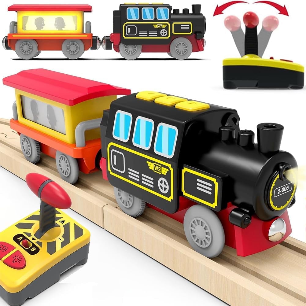 HYPERLIVING Motorized Train for Wooden Tracks, Remote Control, Battery ...