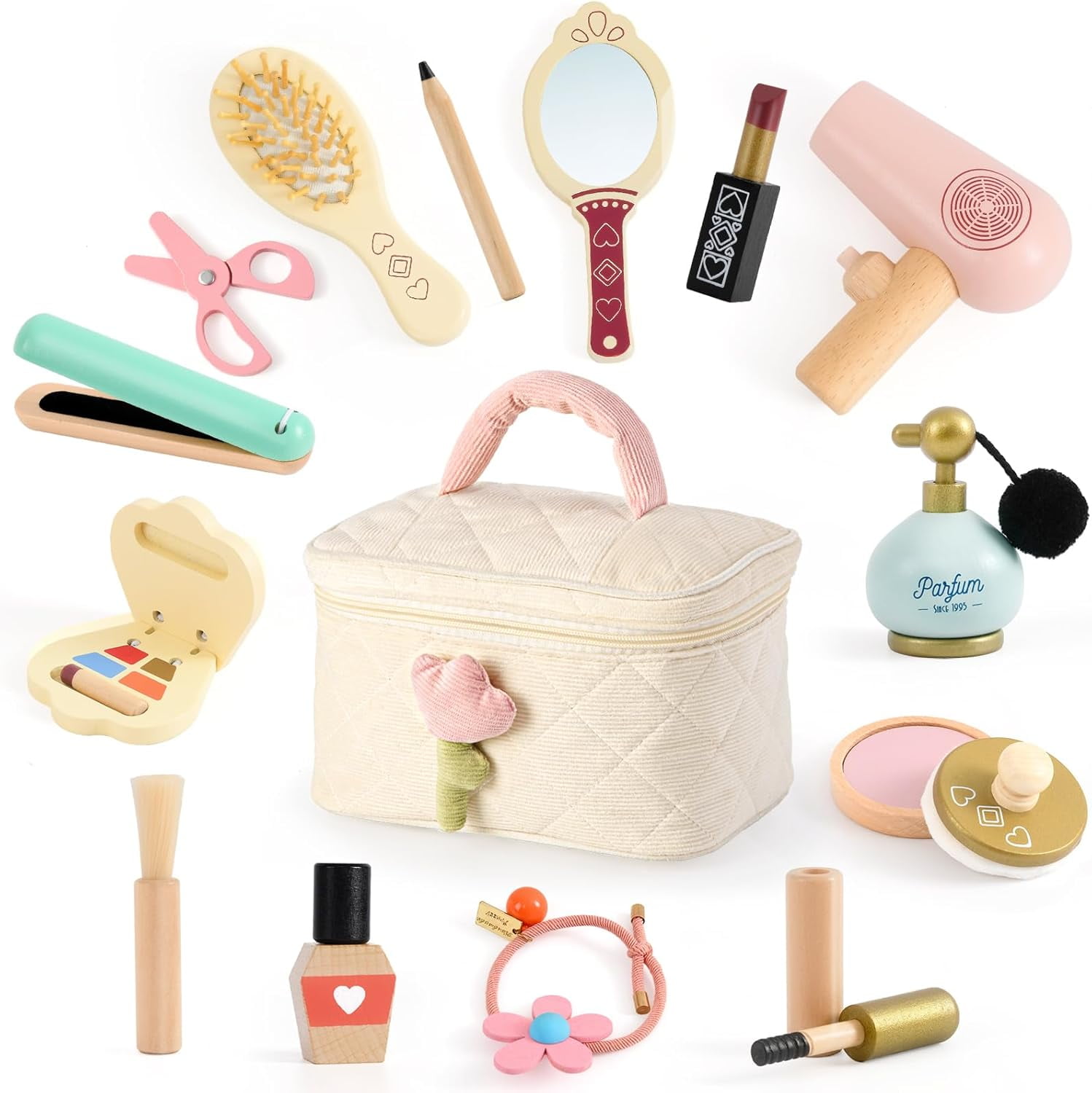 HYPERLIVING Wooden Makeup Toy Set, 15Pcs Hair Salon Girl Toys Toddler ...