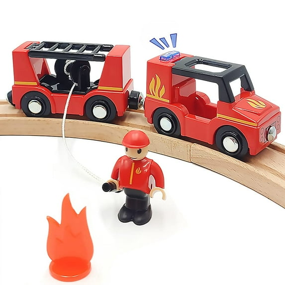 HYPERLIVING Wooden Train Cars Track Accessories Set Rescue Fire Truck ...