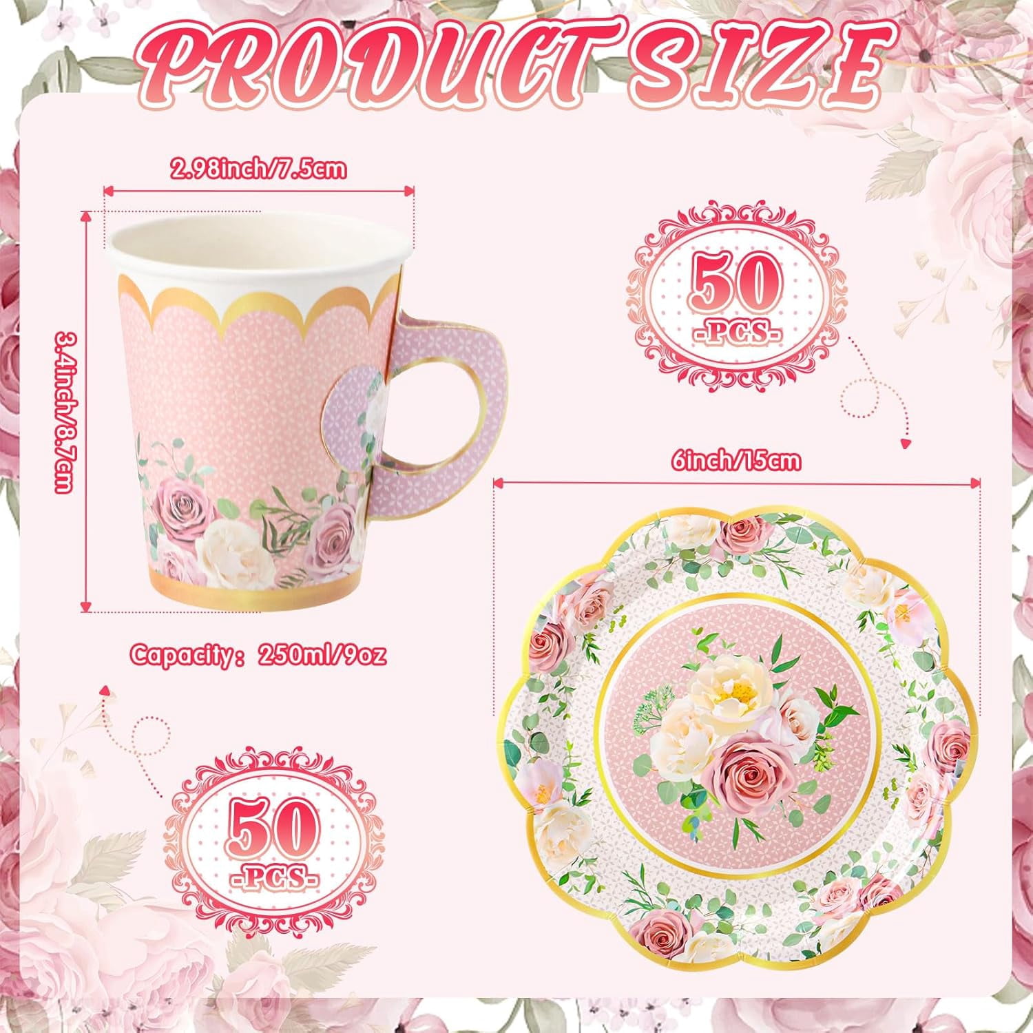 HYTHU-100 Pcs Tea Party Decorations Include 50 Pieces 9 oz Paper Tea ...
