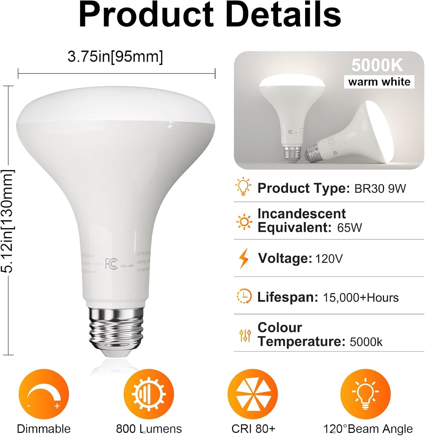 HYTHU-12 Pack BR30 Led Bulb 65W Equivalent, Dimmable LED Flood Light ...