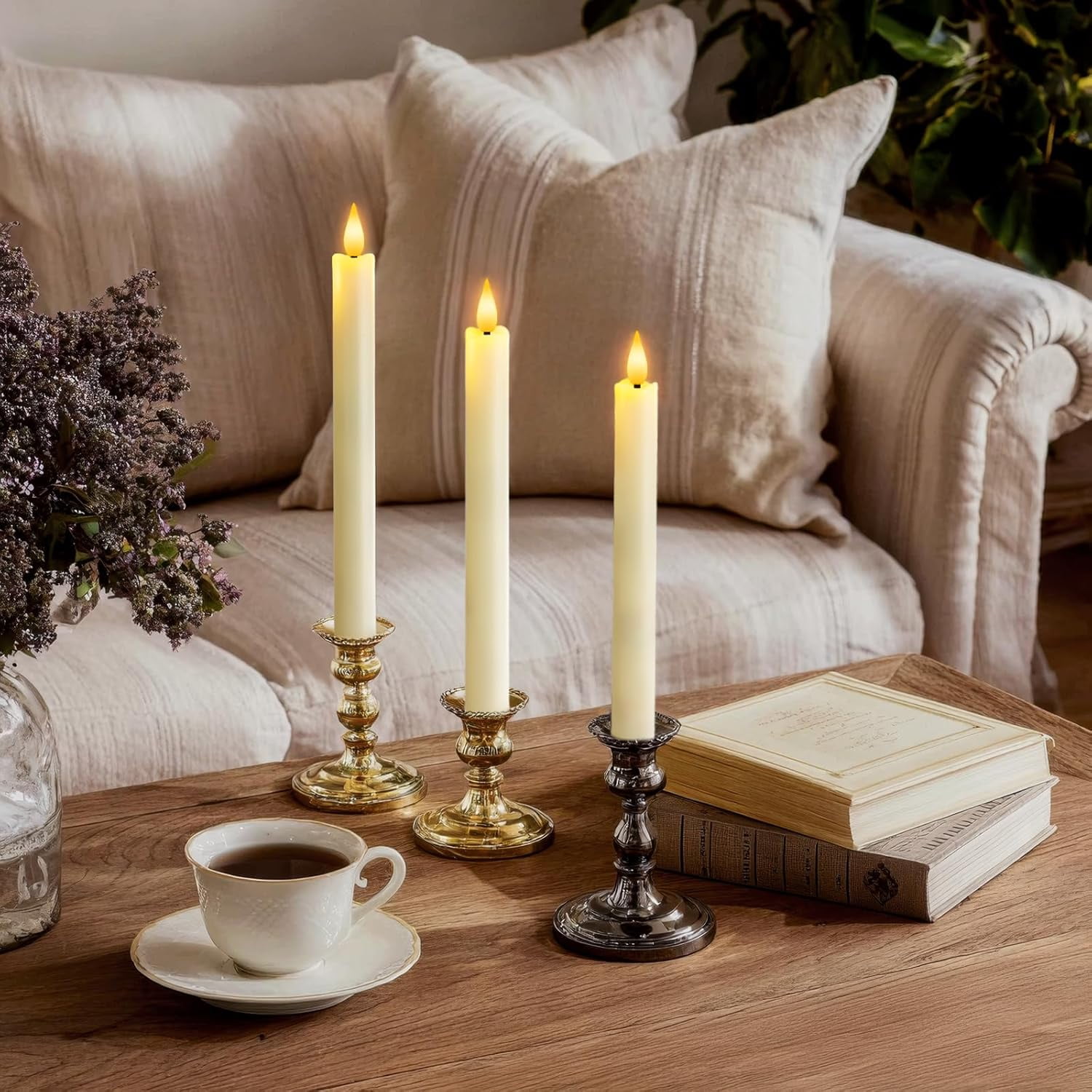 HYTHU-12 Pcs Flameless Taper Candles with Remote Timer Dimmer, 9.6 ...