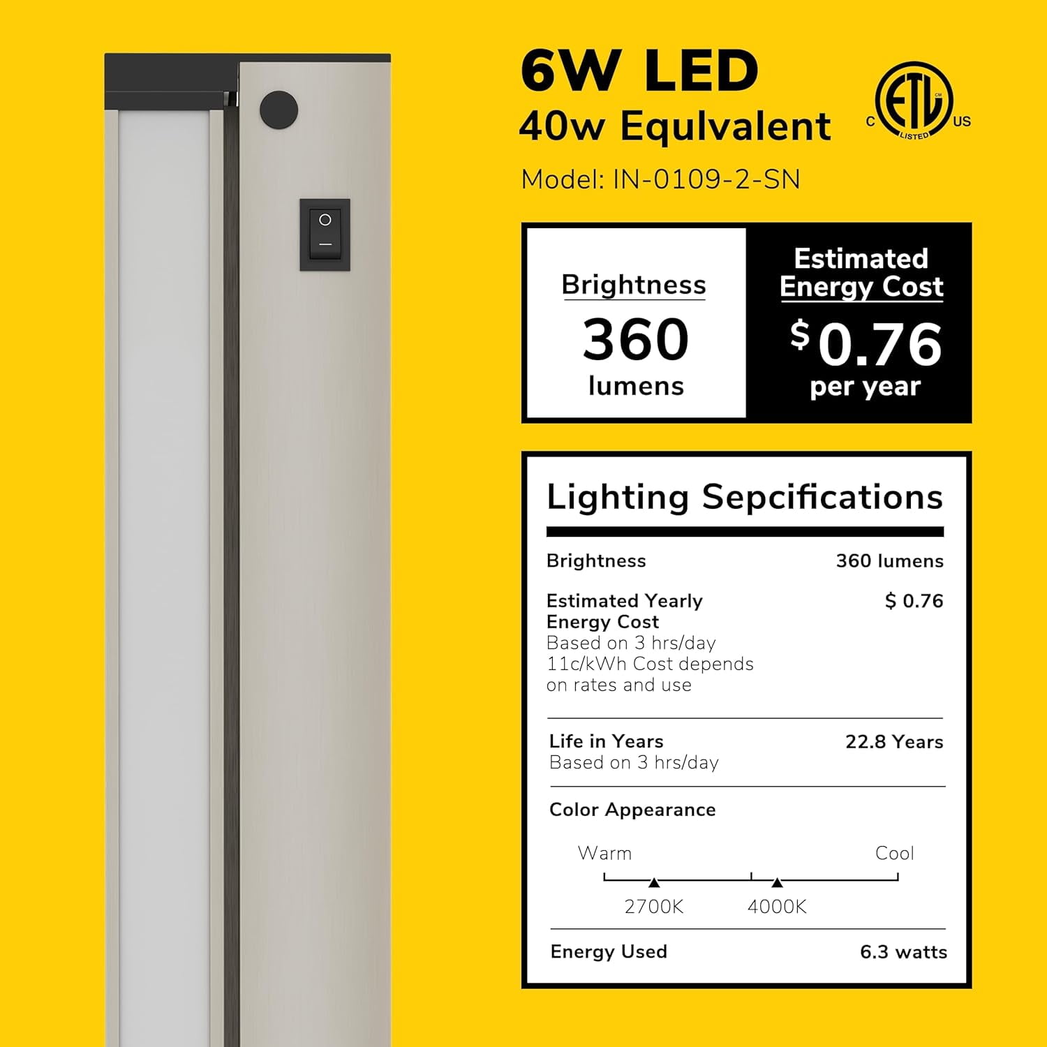HYTHU-12-inch Swivel LED Under Cabinet Lighting, 2 Color Levels, 2700K ...