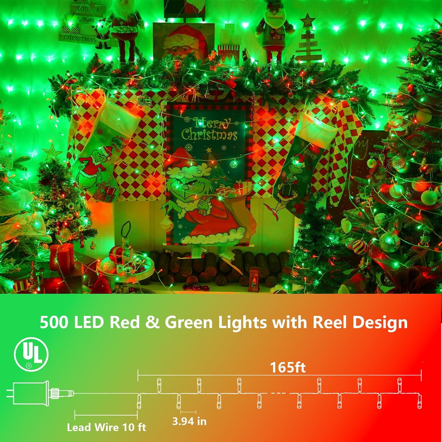 HYTHU-165ft 500 LED Red and Green Christmas Lights Outdoor Waterproof ...
