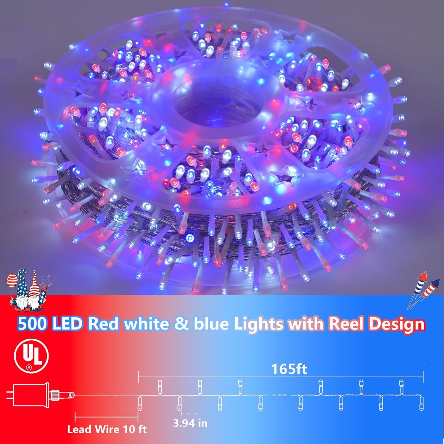 HYTHU-165ft 500 LED Red White and Blue Lights, 4th of July Decorations ...