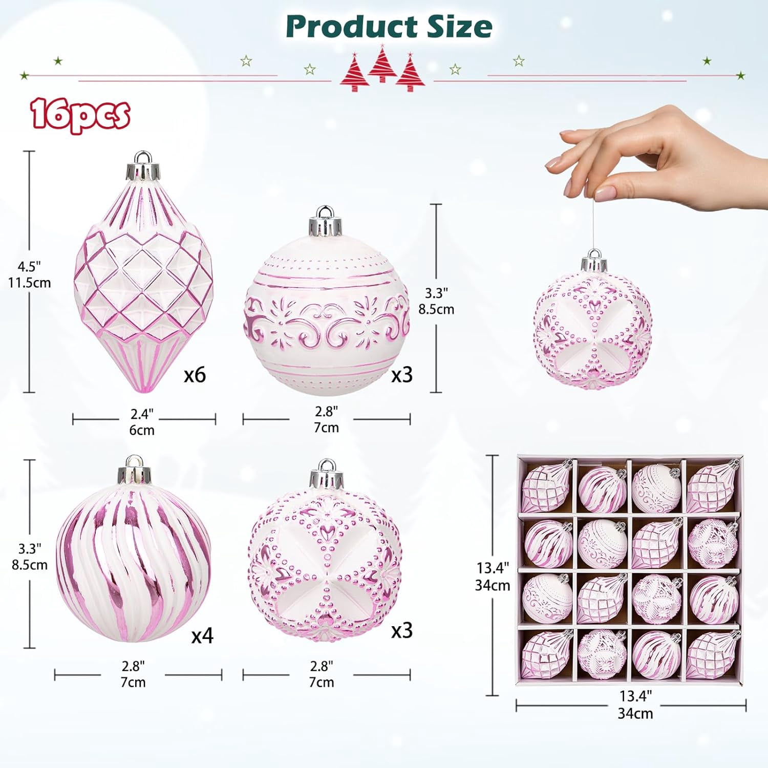 HYTHU-16PCS Shatterproof Christmas Ball Ornaments Set, Hand-Painted ...