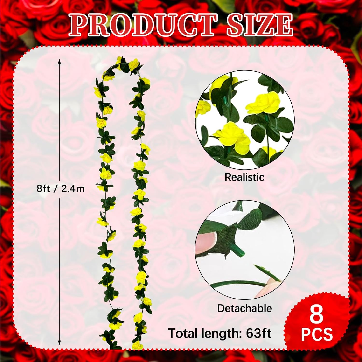 HYTHU-16Pcs 126Ft Yellow Rose Garland, Fake Rose Hanging Flowers ...