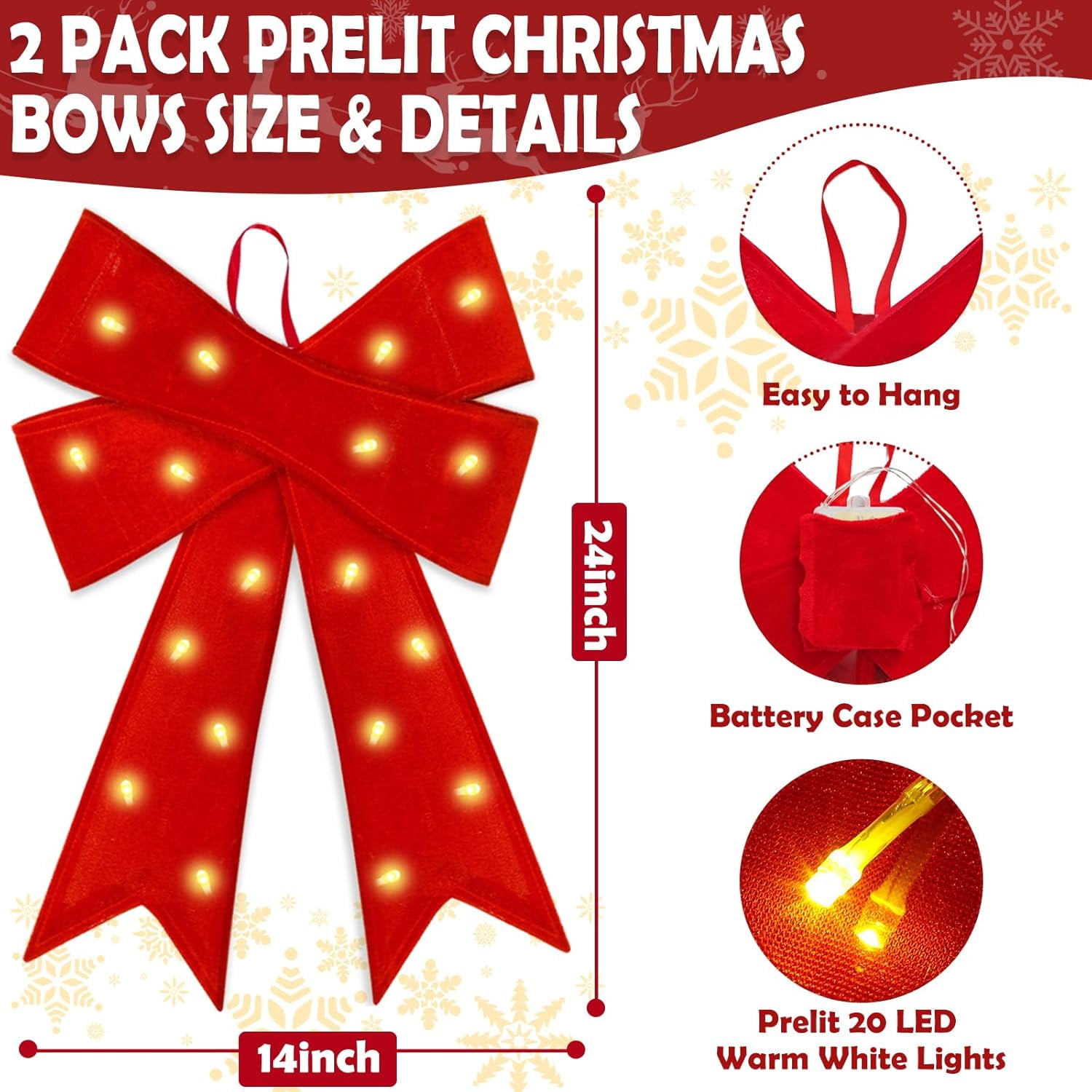 HYTHU-2 Pack 24'' x 14'' Large Prelit Christmas Bows with 20 Warm White ...