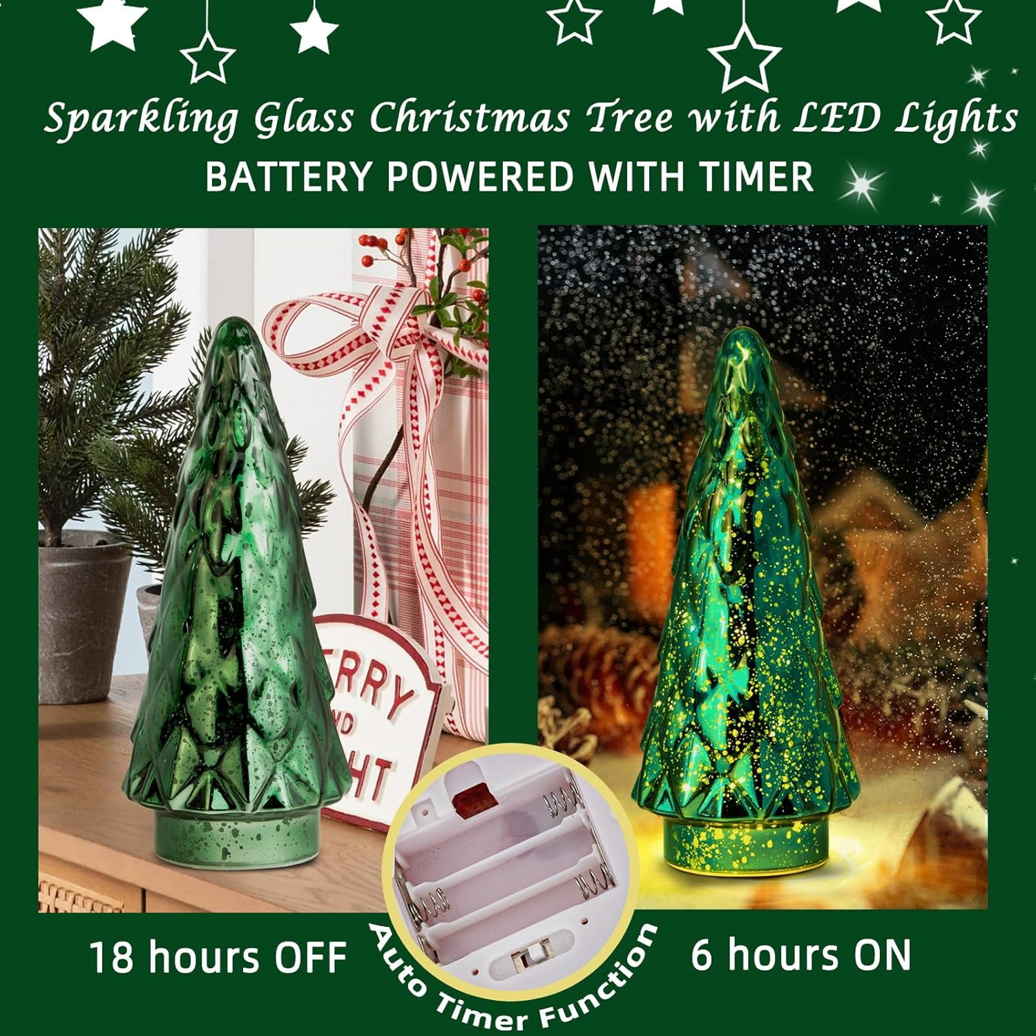 HYTHU-2-Pack Battery-Operated LED Lighted Glass Christmas Trees, Timer ...