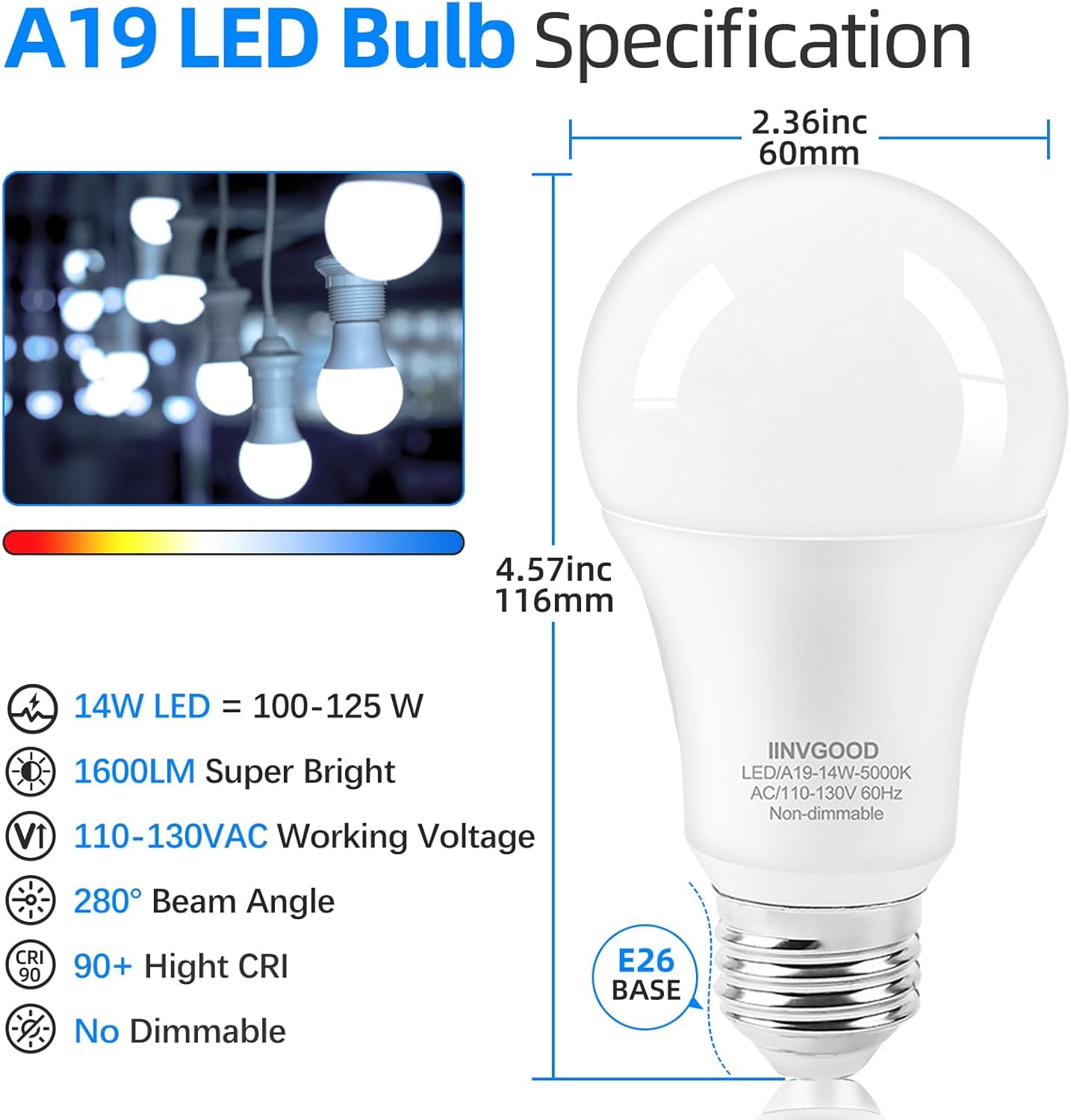 HYTHU-24 Packs 1600LM LED Light Bulbs 100 Watt Equivalent, 14W 5000K ...