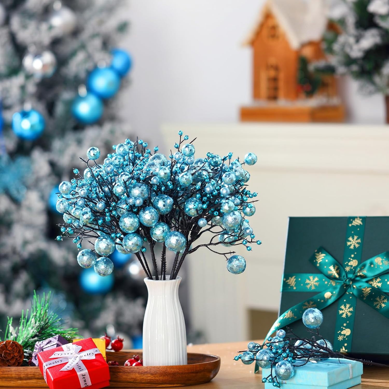 HYTHU-24 Pieces Christmas Glitter Berries Stems 10 Inch Christmas Berry ...
