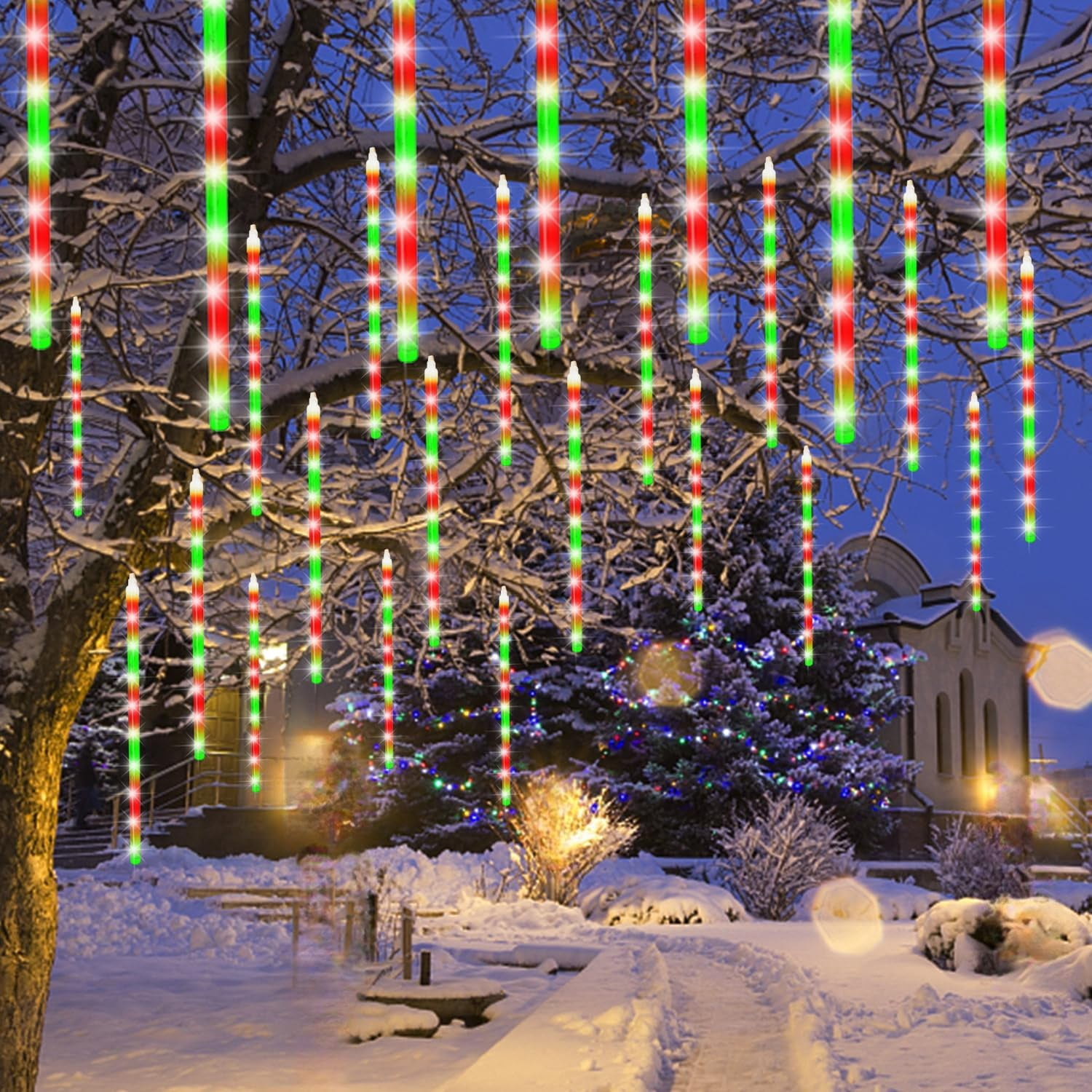 HYTHU-24 Tubes Meteor Shower Lights, Outdoor Icicles Christmas Decor ...
