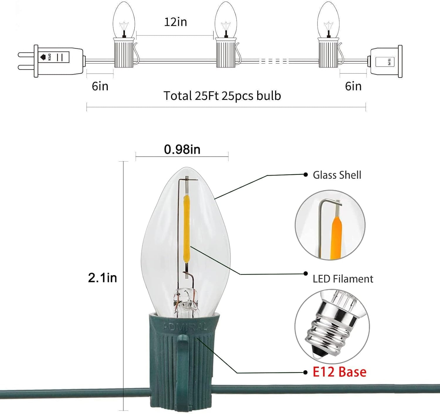 HYTHU-25Ft C7 LED String Lights Outdoor with 27 Clear LED Bulbs(2 Spare ...