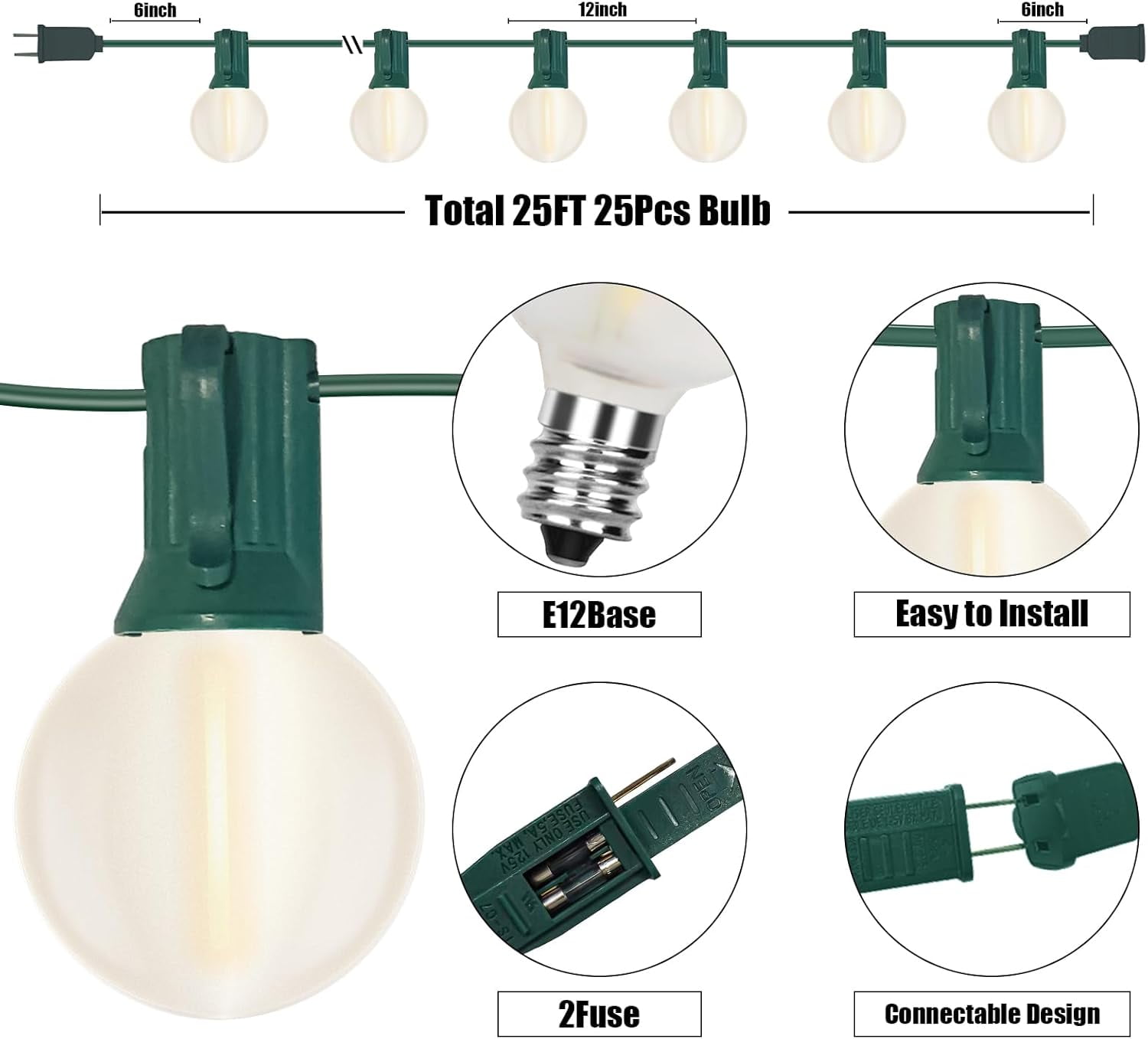HYTHU-25Ft Frosted White String Lights, G40 Globe Patio String Lights ...