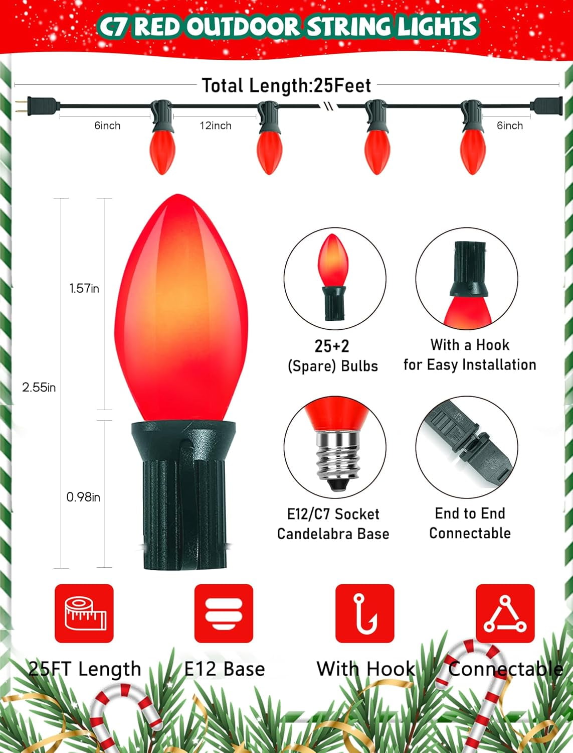 HYTHU-25Ft Red Chritsmas Lights Outdoor, C7 Vintage String Lights with ...