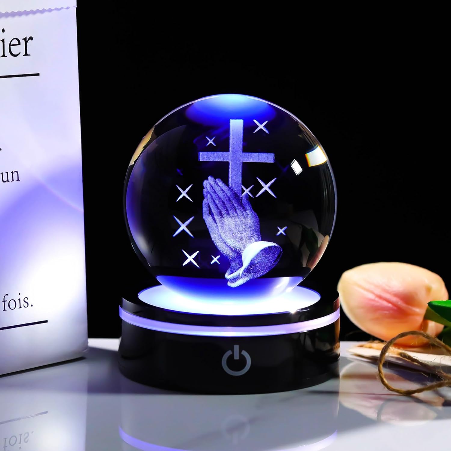 HYTHU-3.14In 3D Crystal Cross Ball Figurine with Colorful Light Base ...