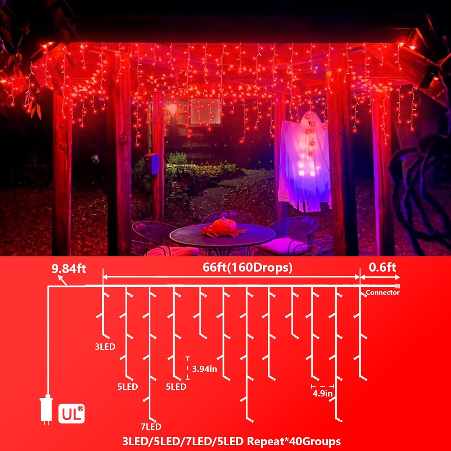 HYTHU-33ft 400 LED Red Icicle Lights for Outside, 80 Drops Icicle ...