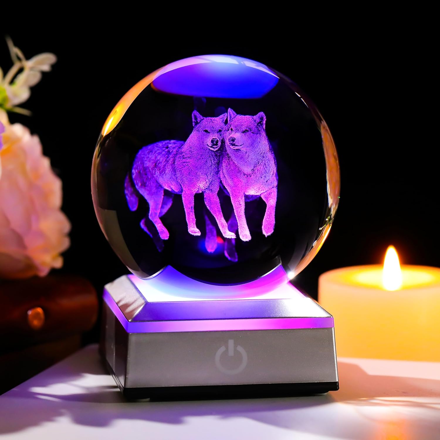 HYTHU-3D Crystal Ball Wolf Figurine with LED Light Base - Wolf Gifts ...
