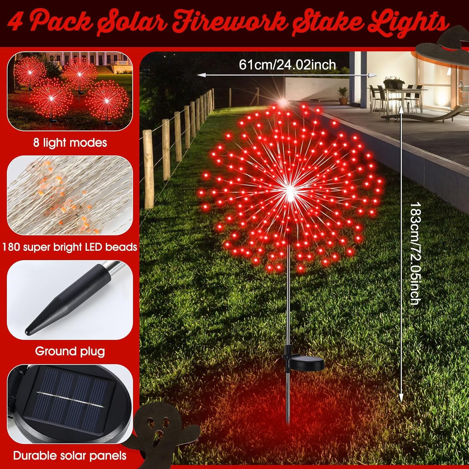 HYTHU-4 Pack Halloween Solar Lights Outdoor Christmas Solar Firework ...