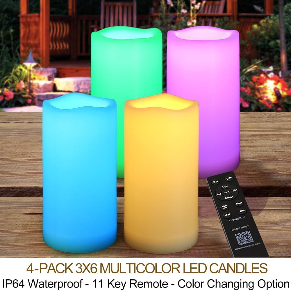 HYTHU-4-Pack Multicolor 3x6 Outdoor LED Pillar Candles with Timer and ...