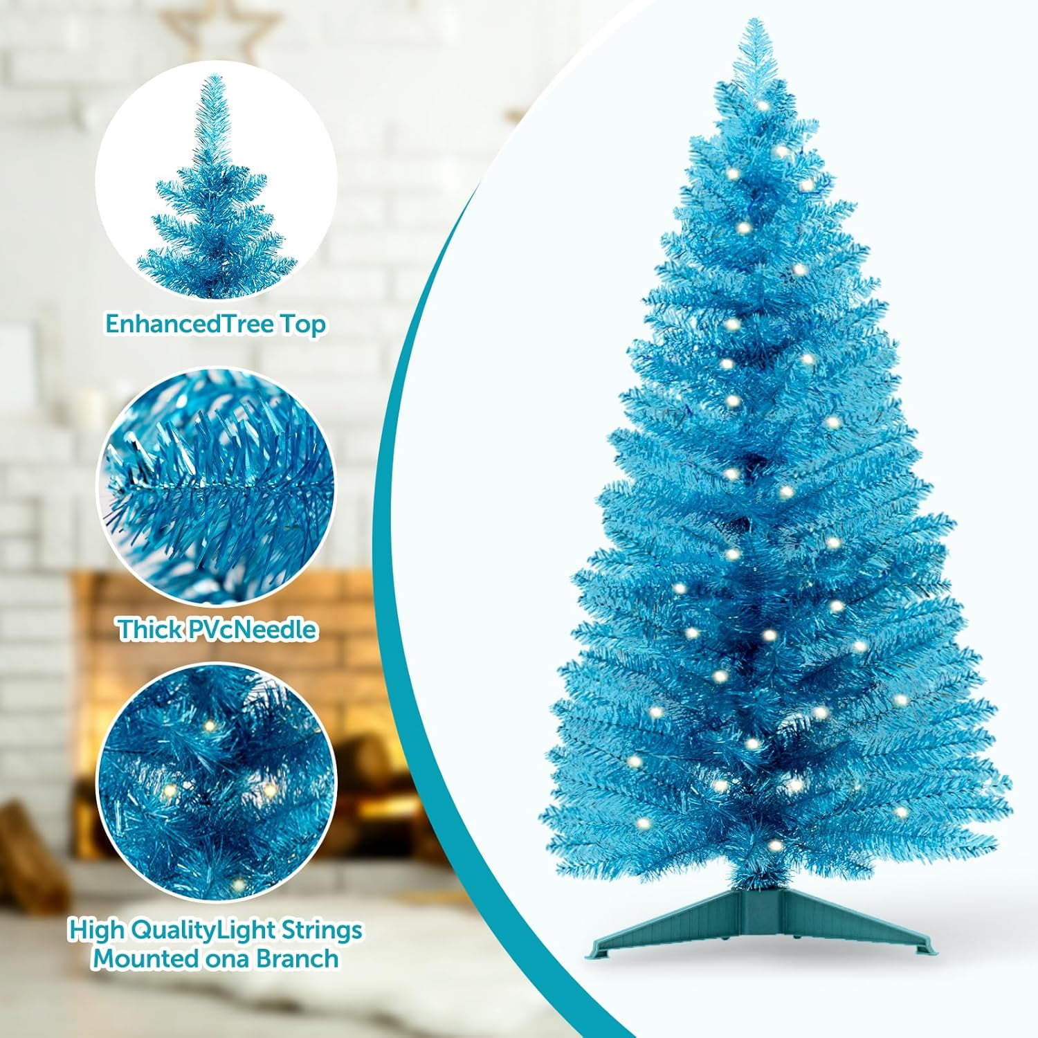 HYTHU-4ft Lighted Artificial Blue Christmas TreeSmall Snowy Artificial ...
