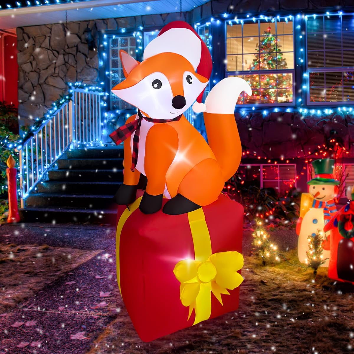 HYTHU-5 FT Christmas Inflatables Fox Standing on Gift Box Decorations ...