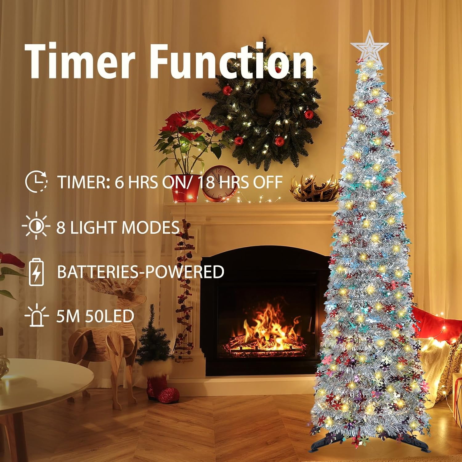 HYTHU-5 FT Pop Up Christmas Tree with Timer Lights, Colored Silver ...