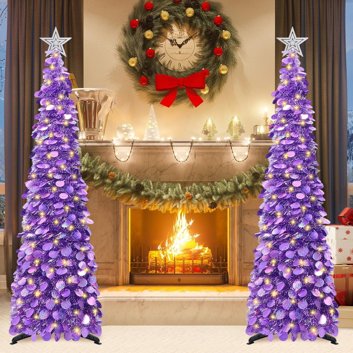 HYTHU-5 FT Pop Up Christmas Tree with Timer Lights, Purple Christmas ...