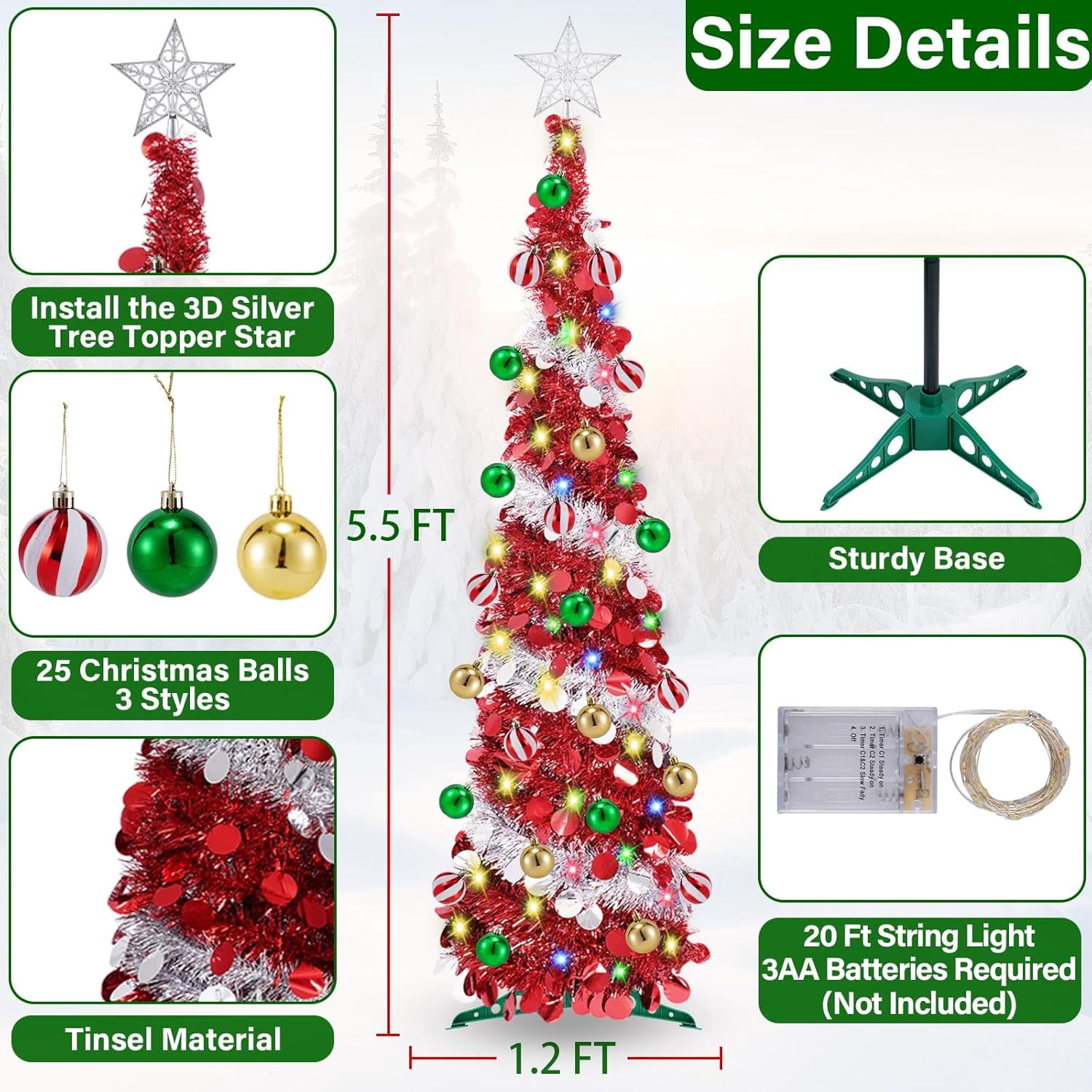 HYTHU-5 Ft Pop Up Christmas Tree with 60 Warm White & Multi Color ...