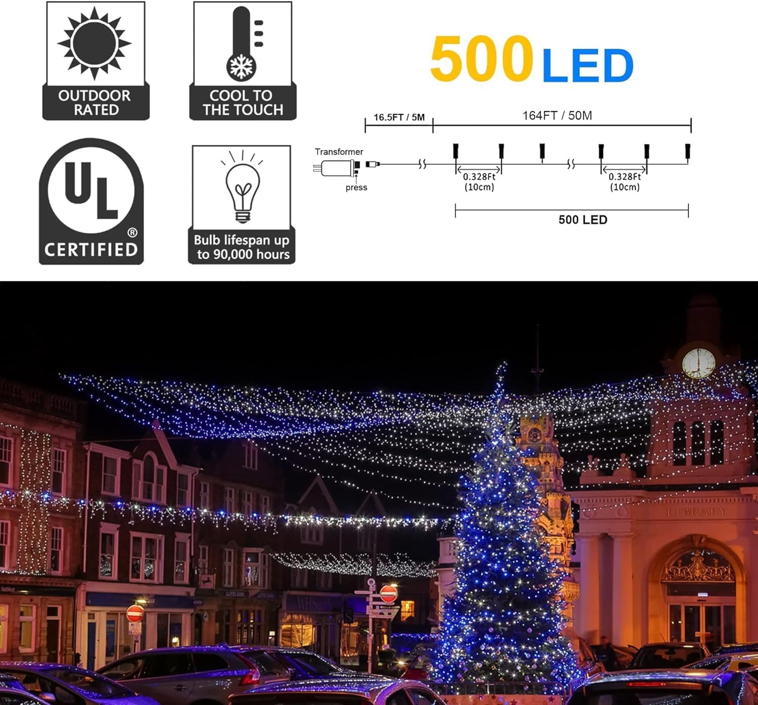 HYTHU-500 LED Christmas String Lights, 164FT 8 Lighting Mode with ...
