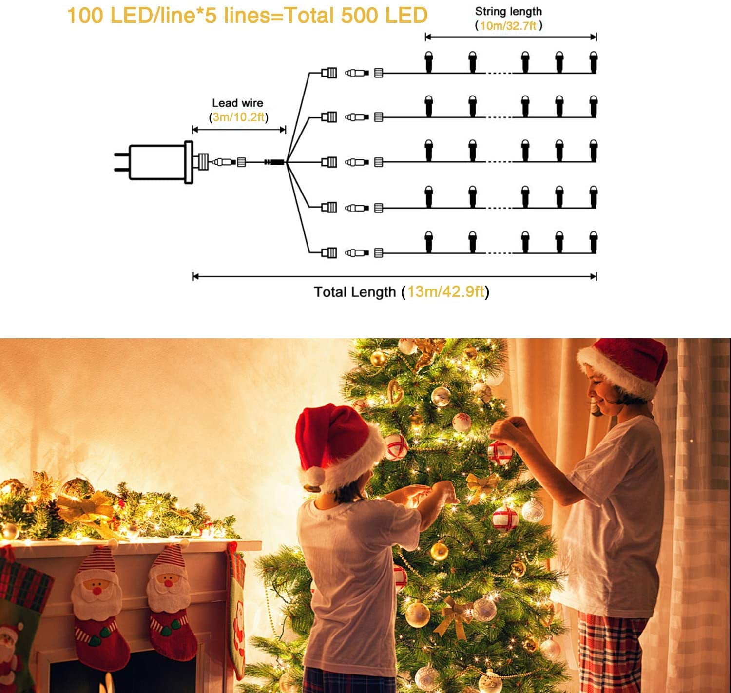 HYTHU-500 LED Warm White Christmas Lights Indoor, 8 Modes Green Wire ...
