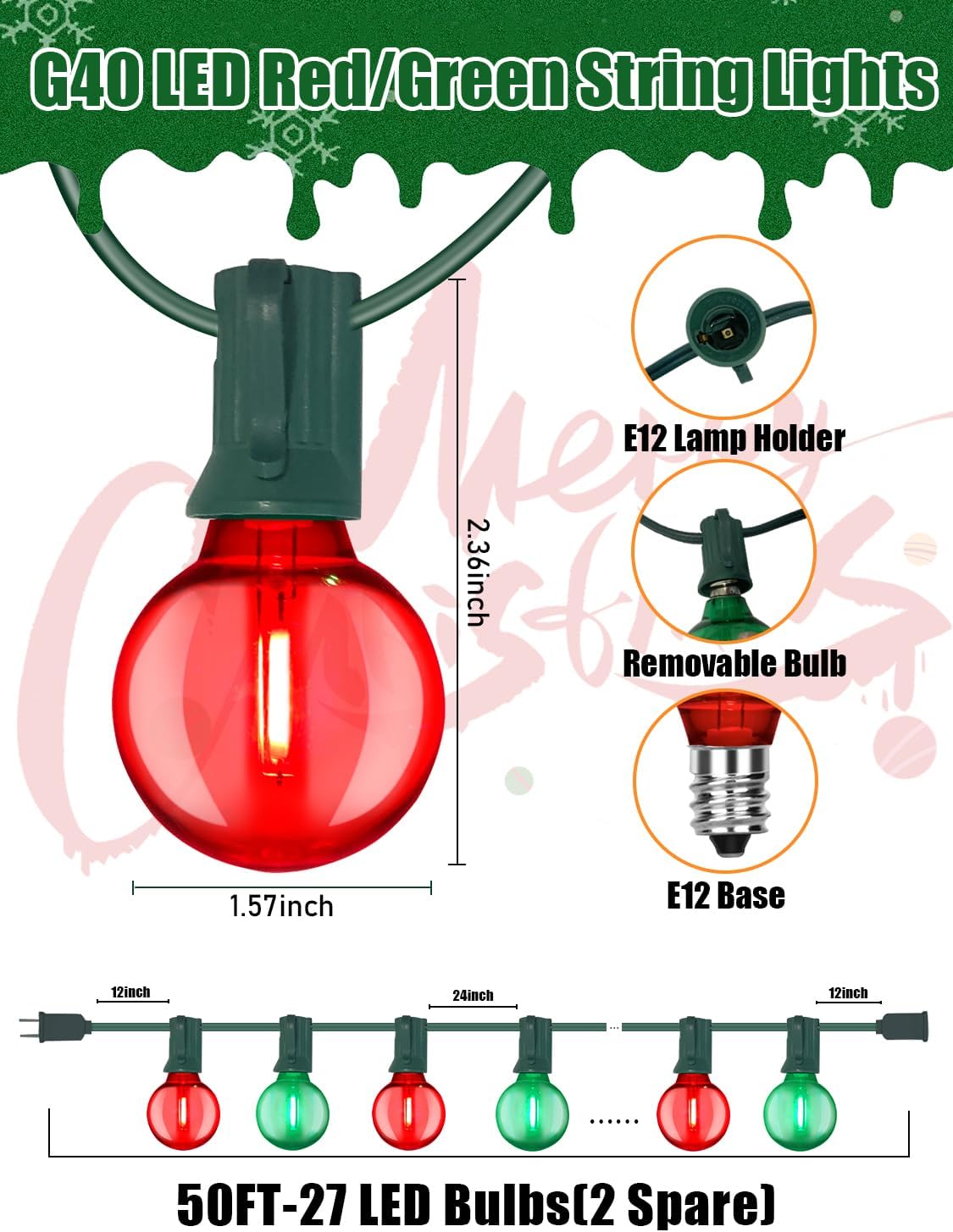 HYTHU-50FT Vintage Christmas Lights Outdoor, G40 LED Globe Outdoor ...