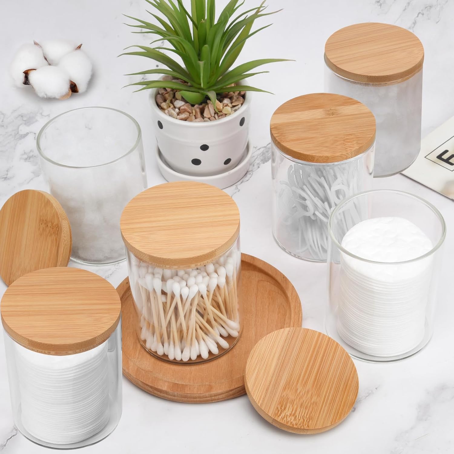 HYTHU-6 Pack Glass Qtip Holder Dispenser Set - Apothecary Jars with ...
