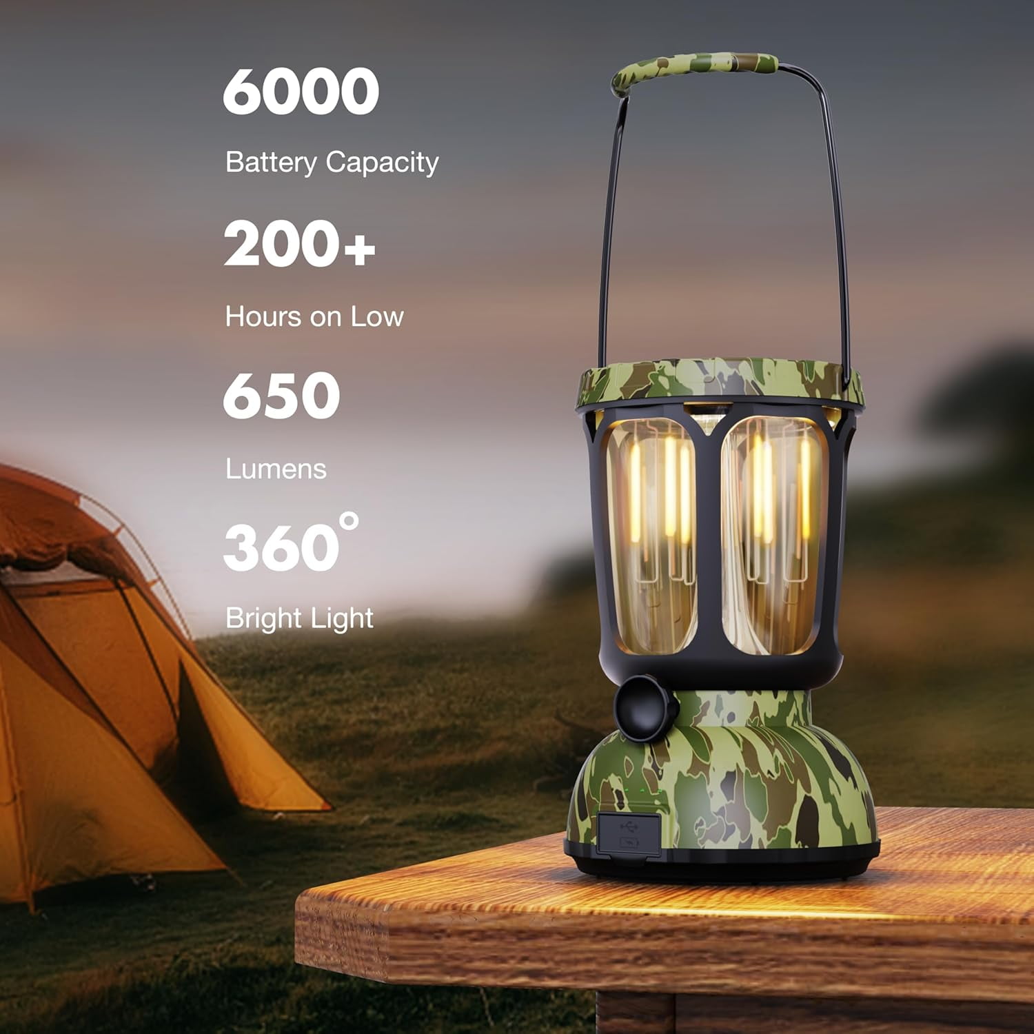 HYTHU-6000 LED Camping Lantern, 650LM Hand Crank Solar Battery Powered ...