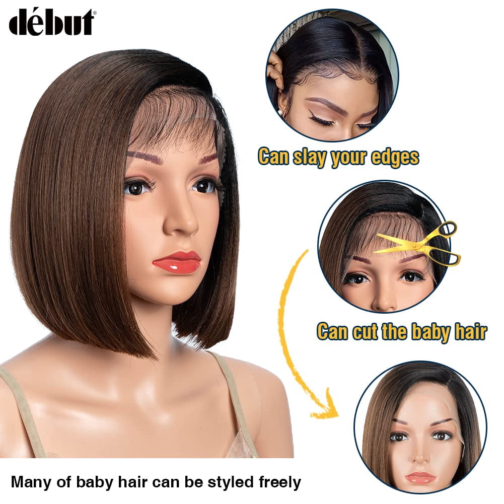 HYTHU-Asymmetrical Bob Ombre Brown Wigs Ear to Ear Lace Front with Baby ...